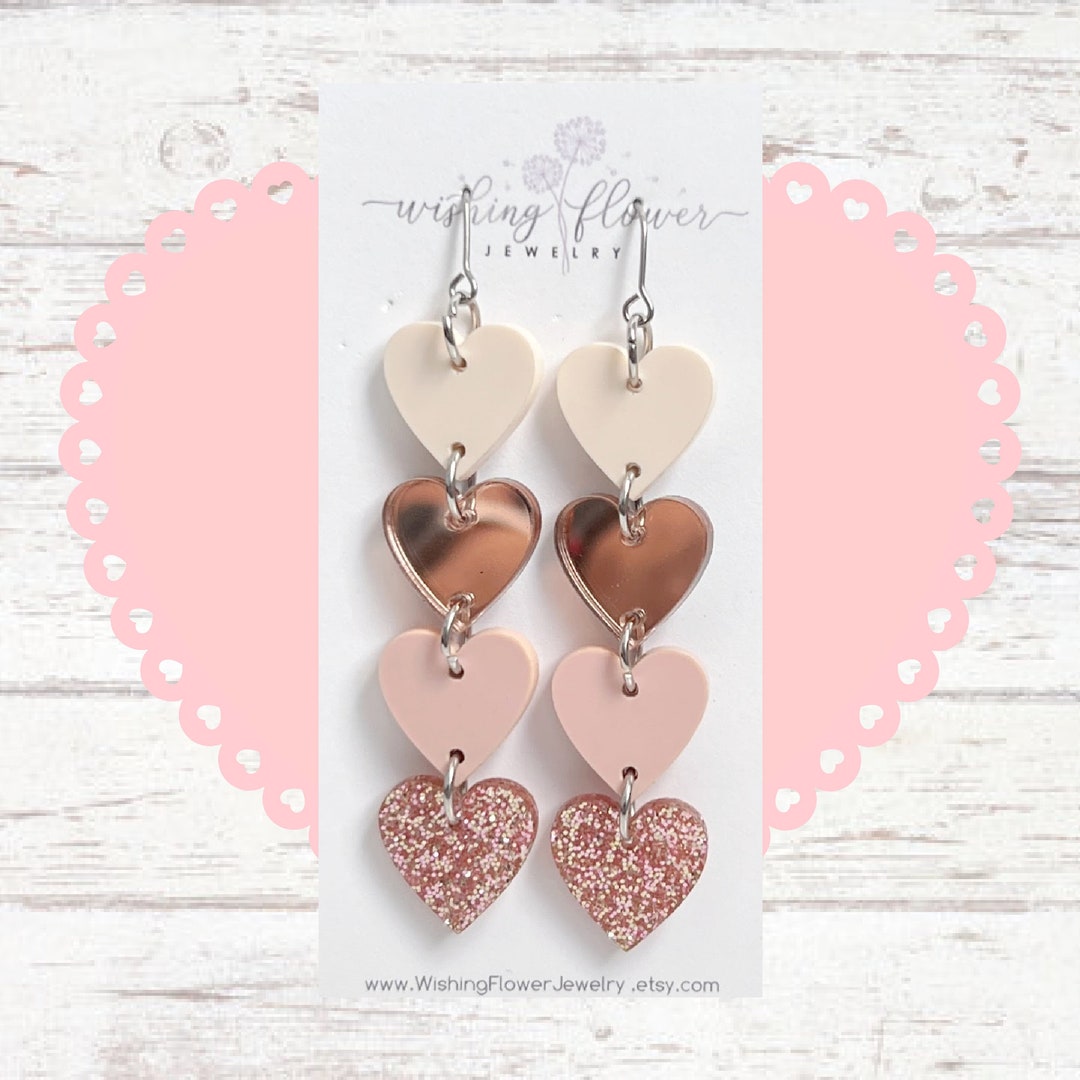 Stacked Heart Dangle Earrings / Blush Rose Gold Heart Earrings ...
