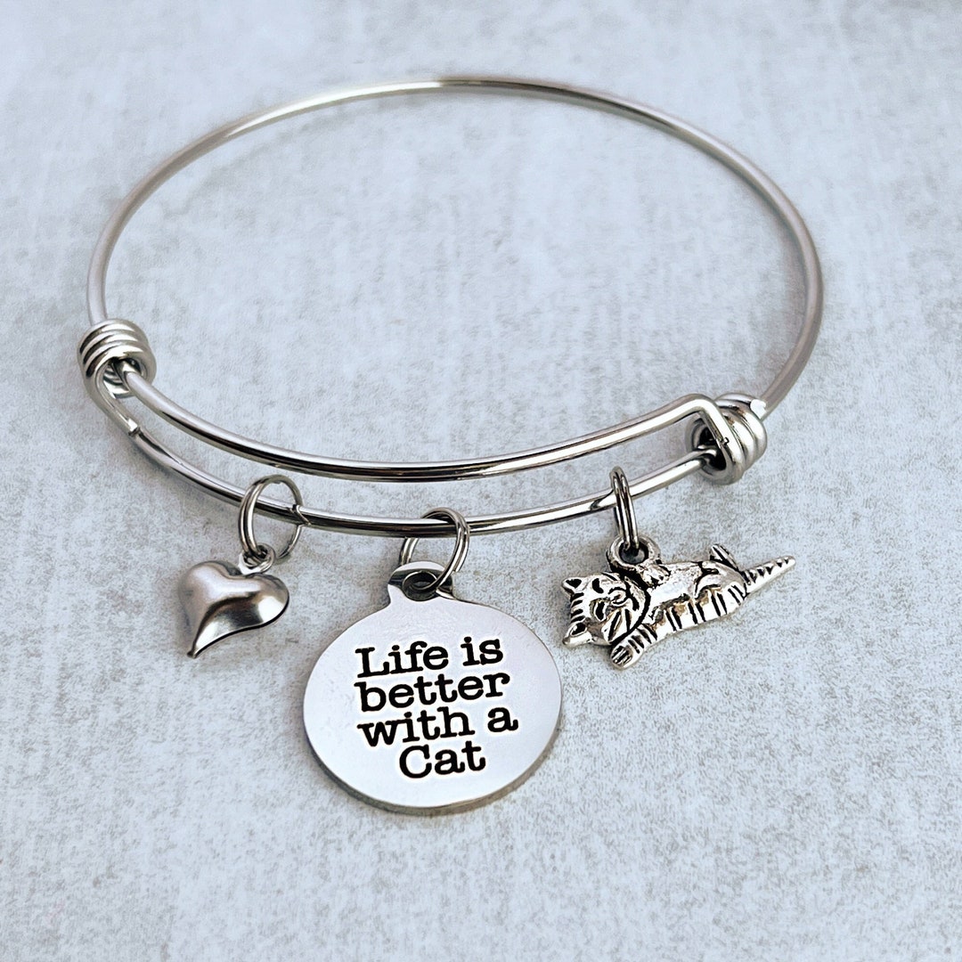 Cat Charm Bangle, Cat Lover Gift, Jewelry Gift for Her, Life is Better ...