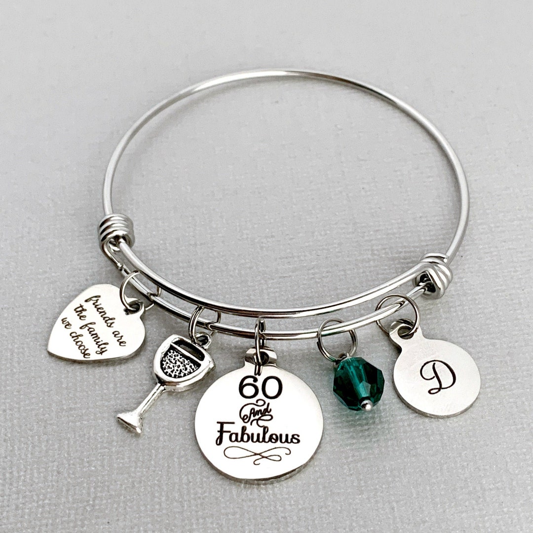 60th Birthday Gift: Personalized Charm Bangle With Birthstone - Etsy