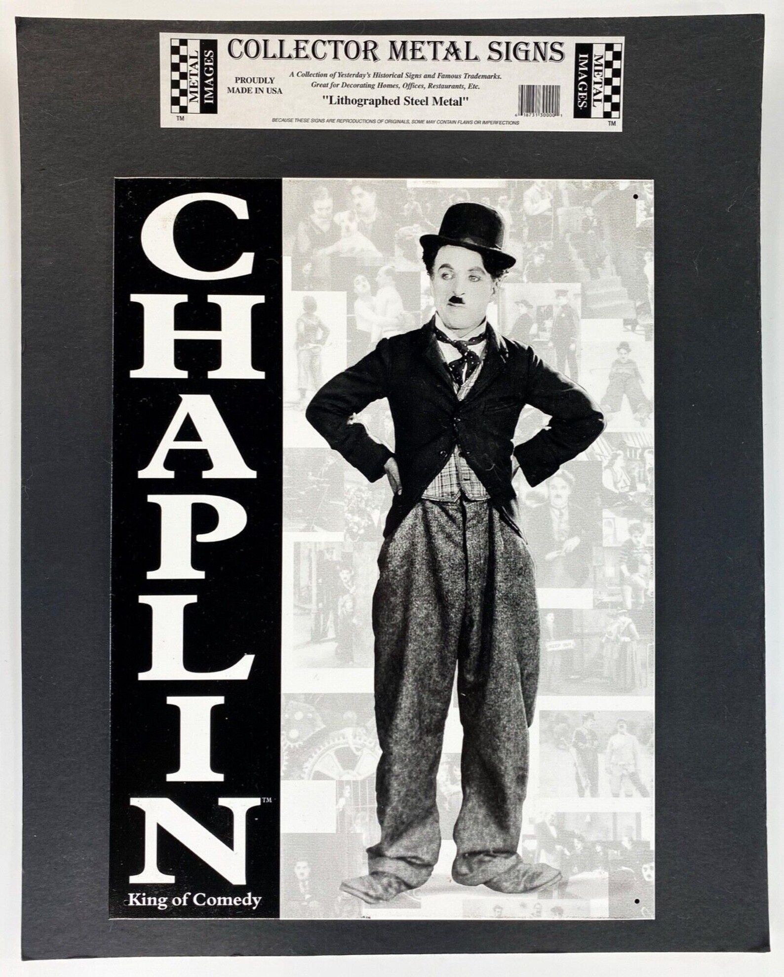 Charlie Chaplin King of Comedy Lithographed Tin Metal Sign NEW 16 X 11. ...