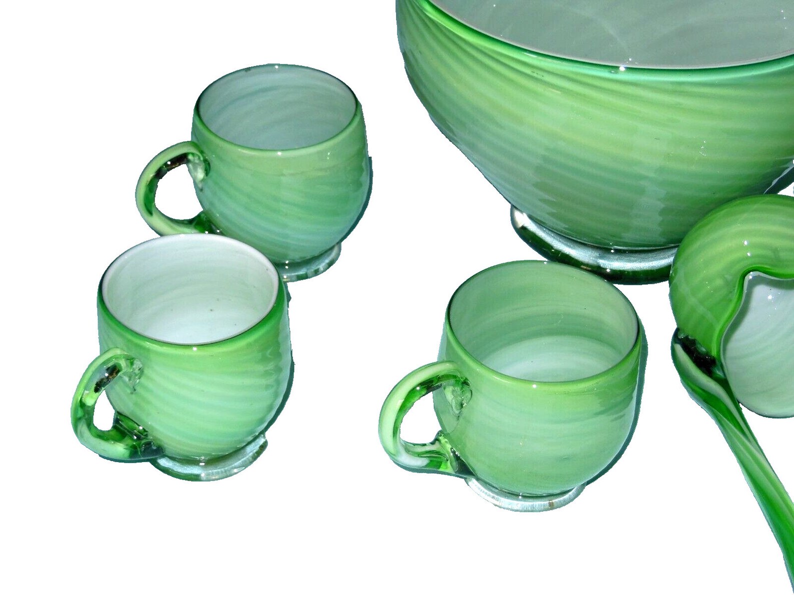 Murano Carlo Moretti 8 Pc. GORGEOUS Green & White Cased Glass Punch ...