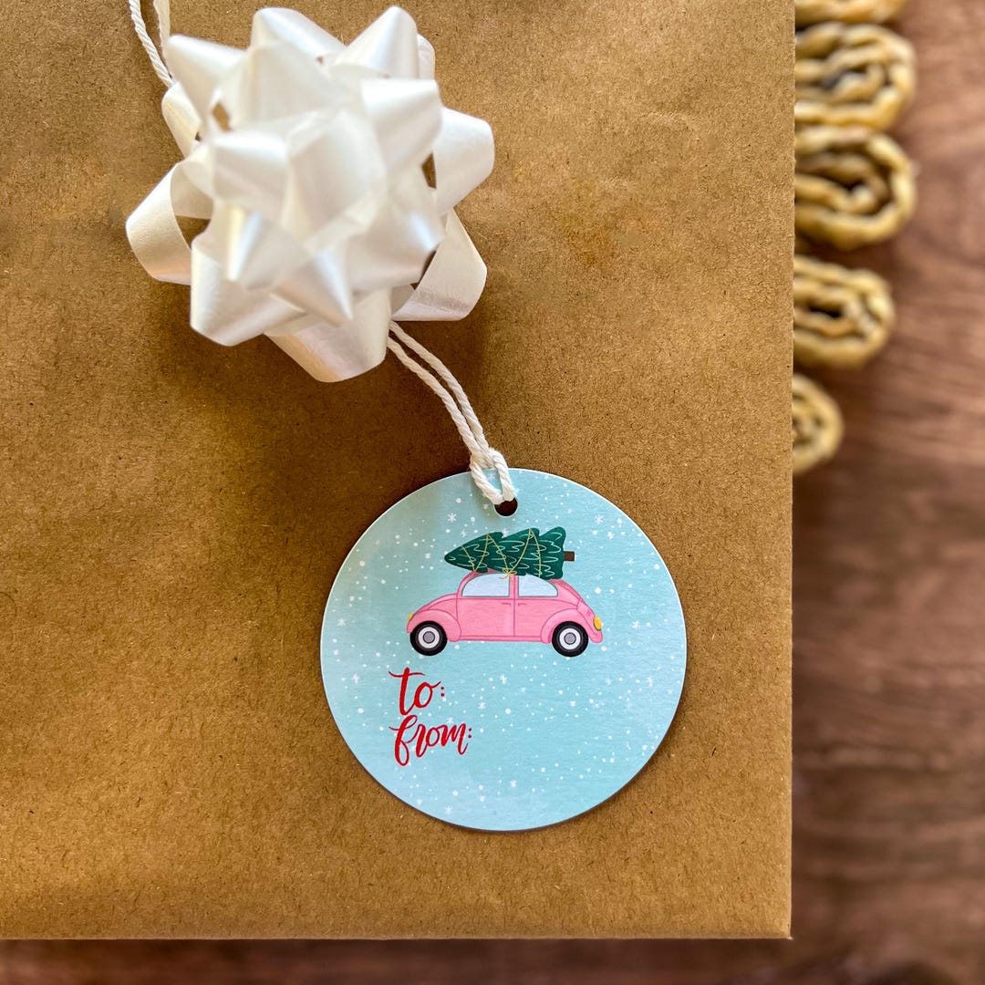 Pink Christmas Car Round Gift Tags SET of 8 | Set of Gift Tags ...