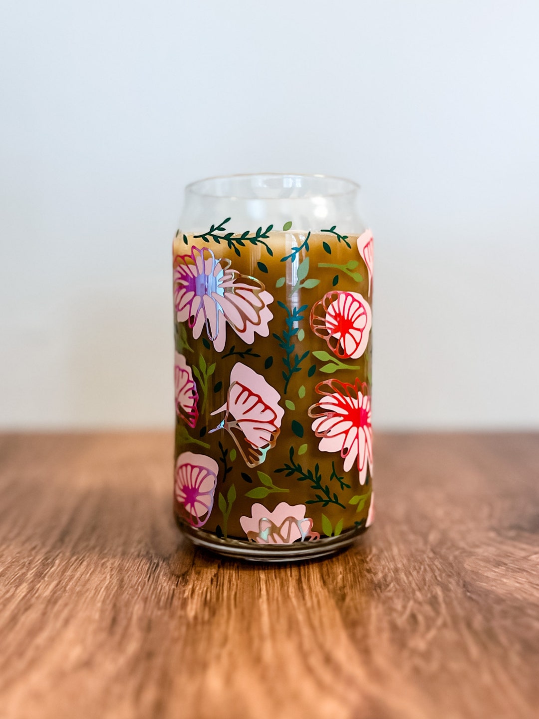 Pink Florals Spring Can Glass | Beer Can Glass | Iced Coffee Glass ...
