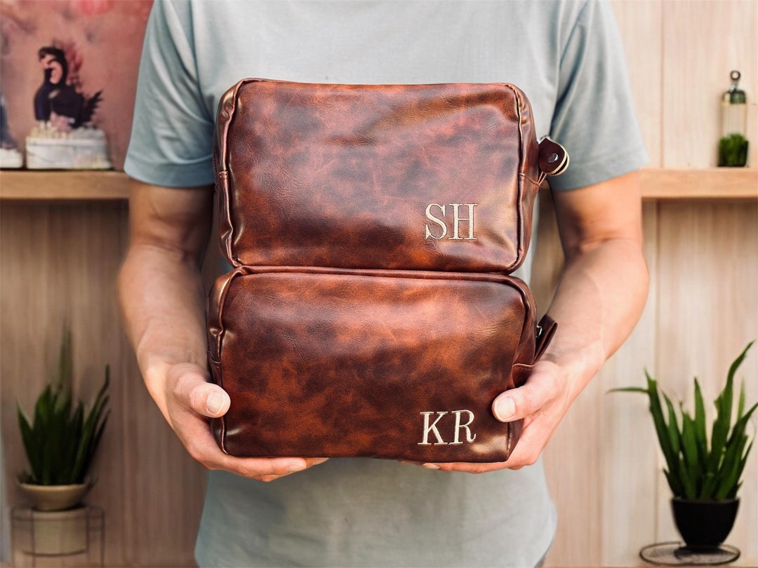 Groomsman Gift Personalize Shaving Kit Toiletry Bag Brown Leather Dopp ...