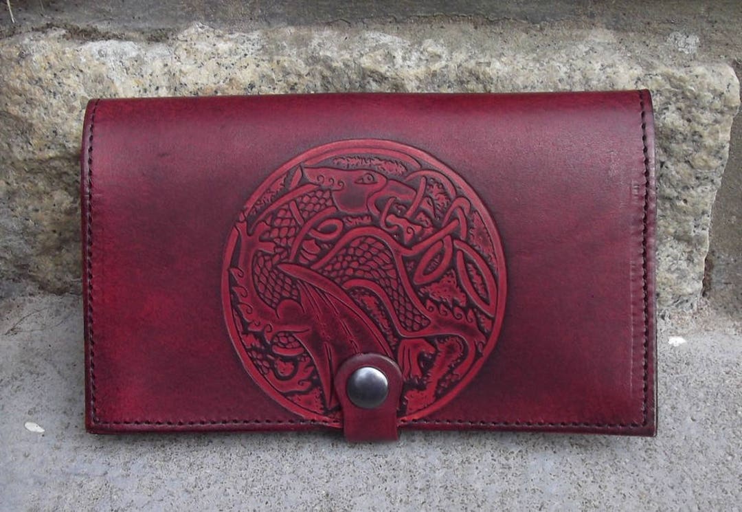 Leather Checkbook Cover , Celtic Design "dragon", Colour "bordeaux"(16 ...