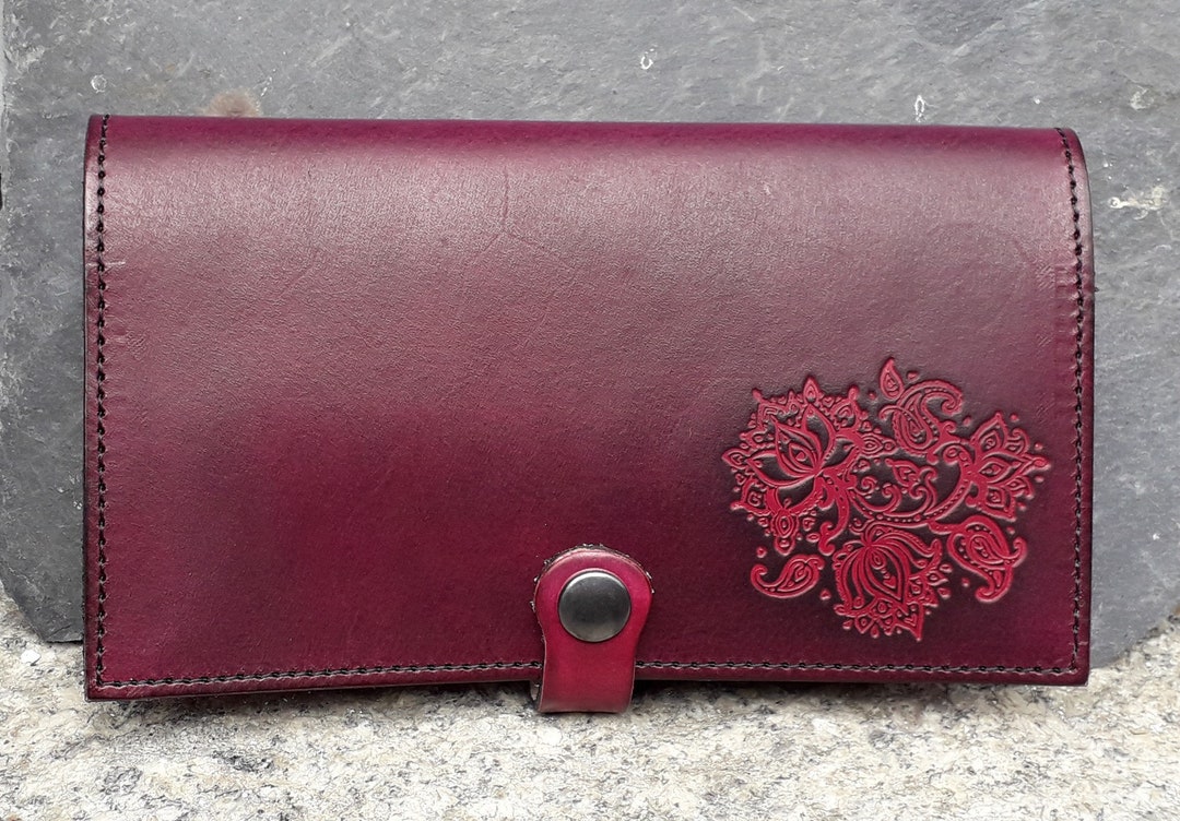 Leather Checkbook Cover , Lotus Flowers Design , Colour "prune"on Photo ...