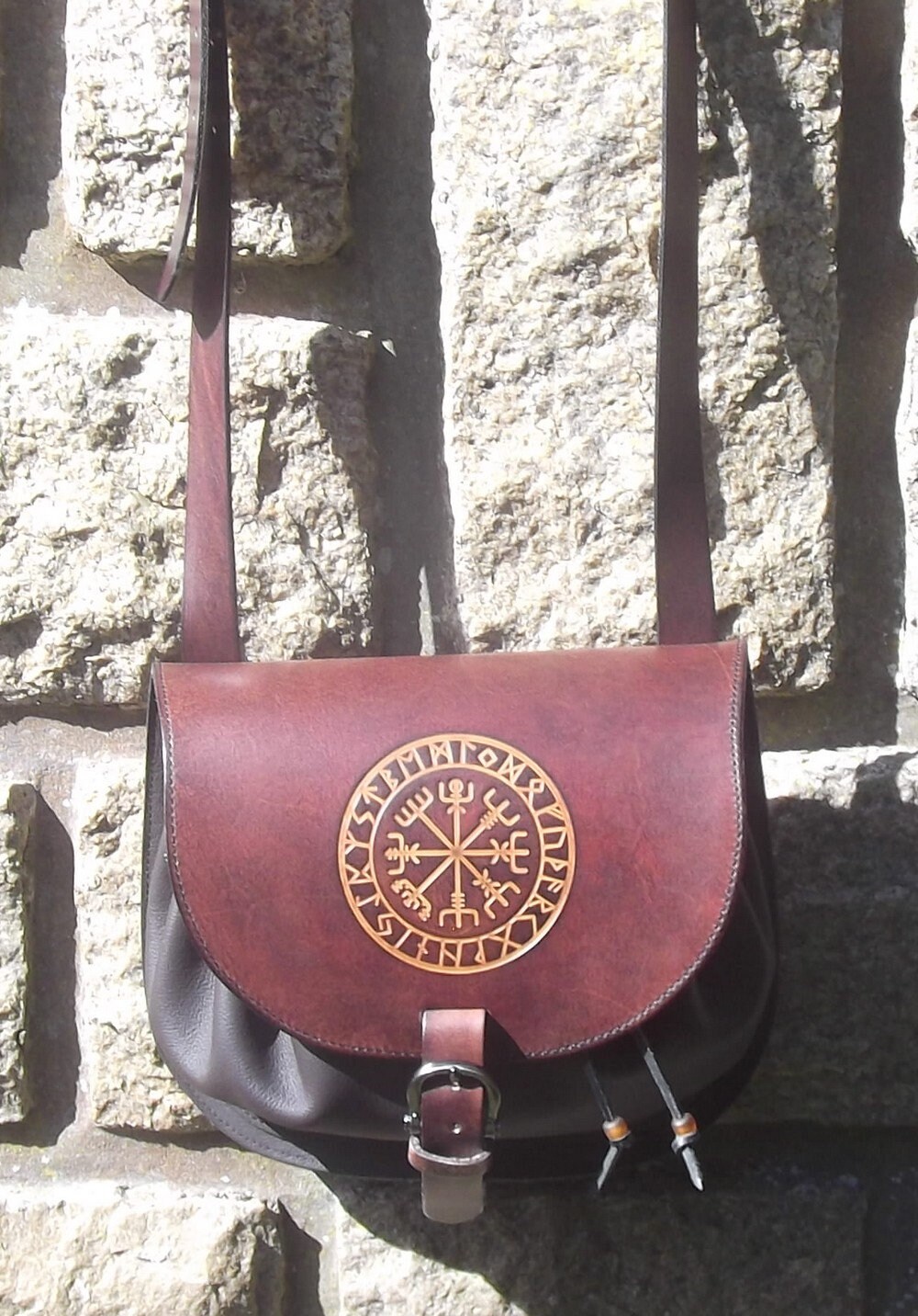 Leather crossbody bag viking design vegvisir | Etsy