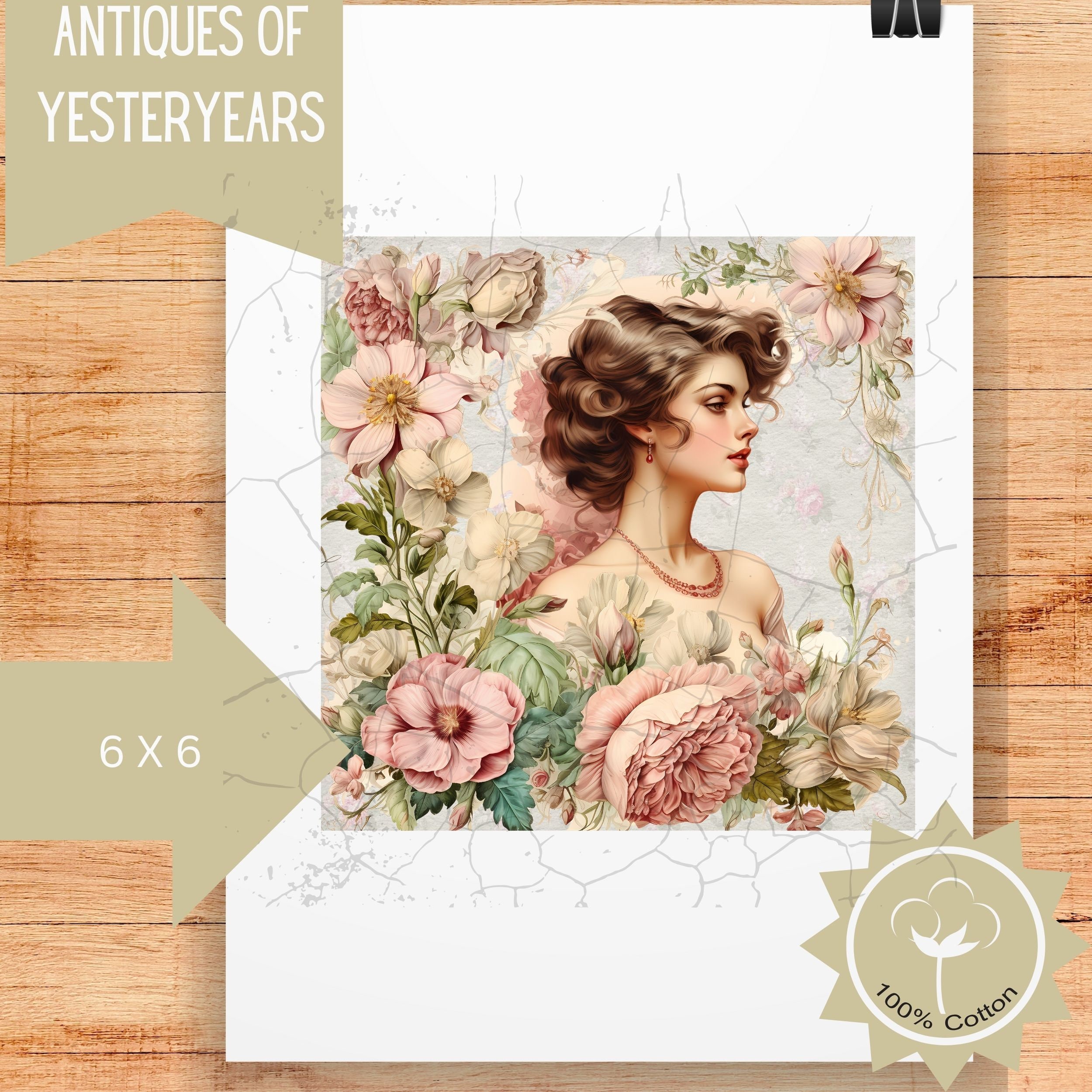 Vintage Shabby Chic Lady Image on Fabric Panel Quilt Block DIY Quilting ...