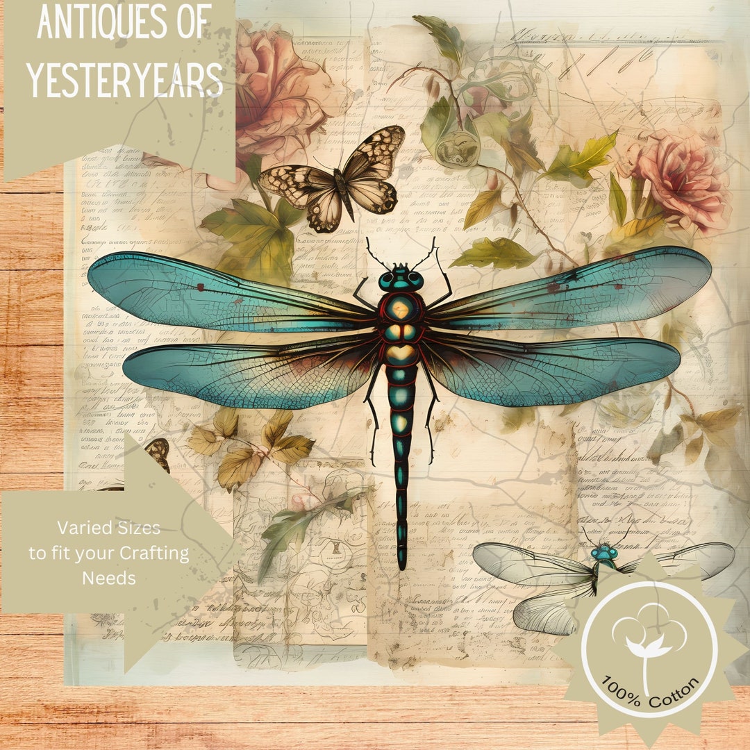 Vintage Shabby Chic Dragonfly Image on Fabric Panel Quilt Block DIY ...