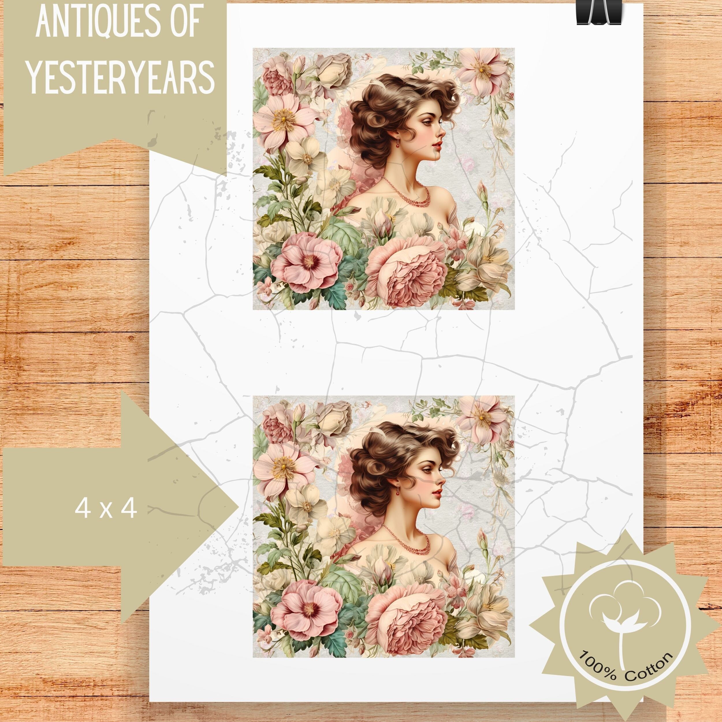 Vintage Shabby Chic Lady Image on Fabric Panel Quilt Block DIY Quilting ...