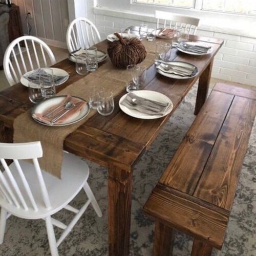 Farmhouse Dining Table and Bench Set Rustic Kitchen Table | Etsy