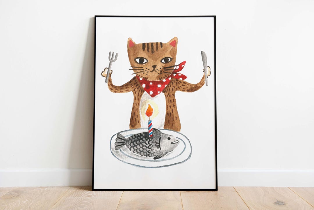 A3 Downloadable Digital Art Birthday Cat | Cute Pet Illustration Poster ...