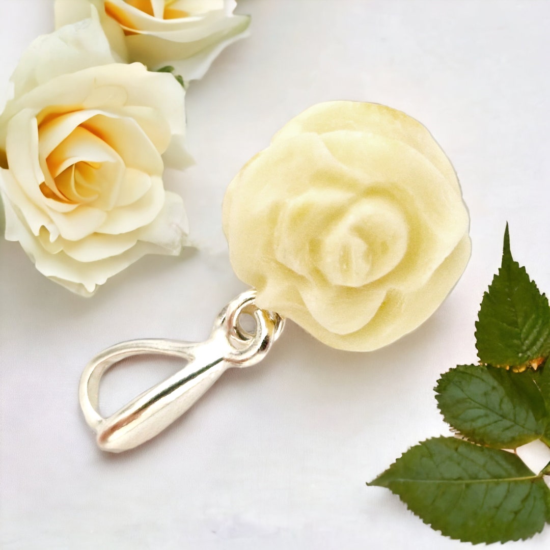 CARVED White Baltic Amber Rose Flower Pendant Necklace Gift Women ...