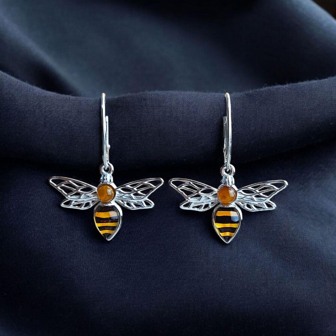 CARVED Baltic Amber Bee Dainty Teardrop Drop Earrings Women Gold Silver ...