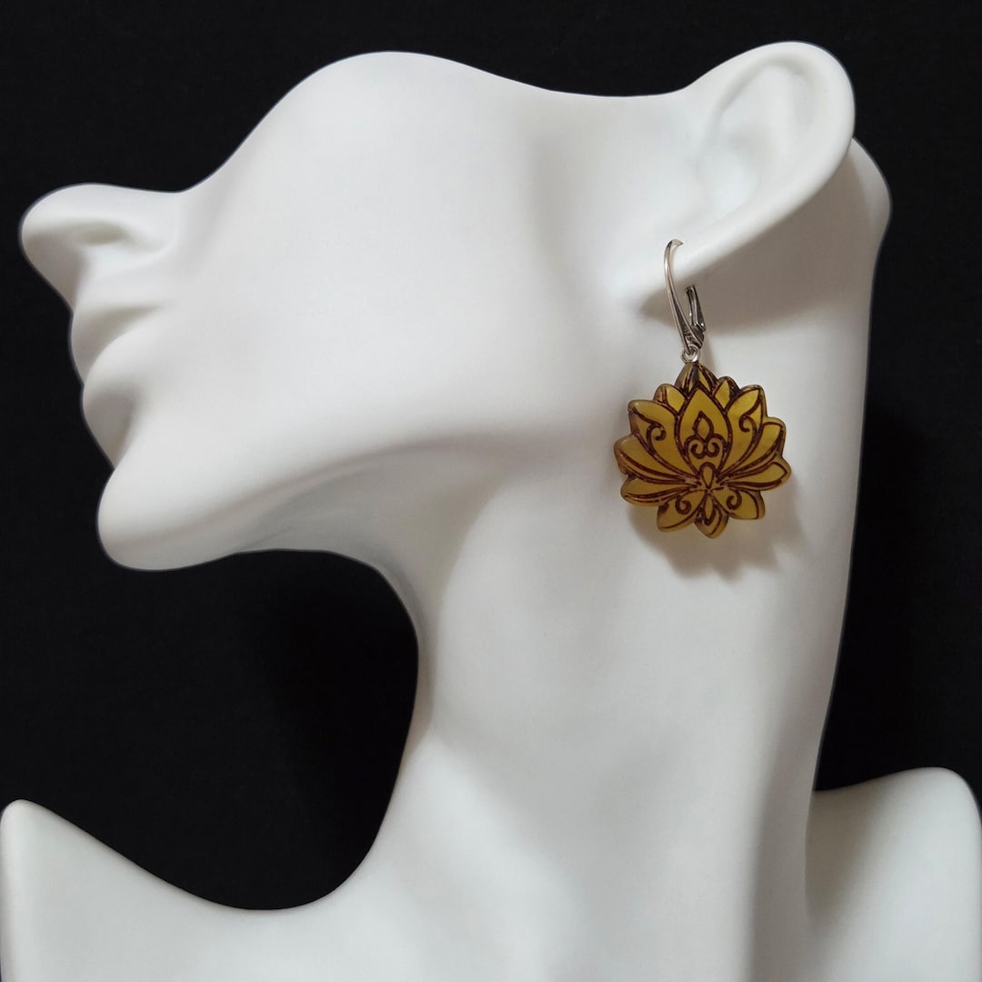 CARVED Lotus Flower Natural Baltic Amber Earrings Teardrop Gemstone ...