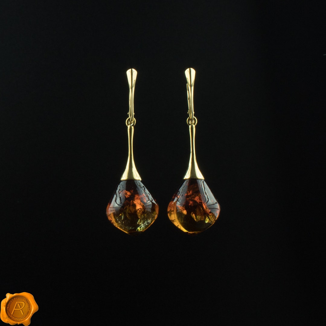 Luxurious Classic Long Amber Gold Teardrop Earrings Gift, Large Chunky ...