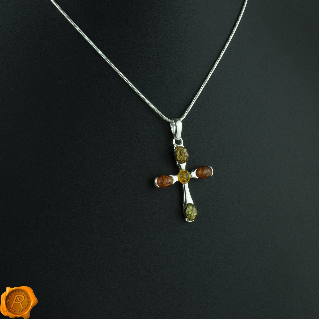 Green Cognac Amber Silver Pendant / Baltic Amber Cross Silver Pendant ...