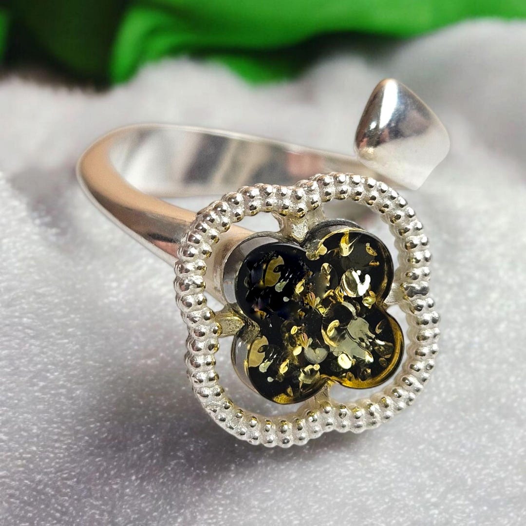 Four Leaf Clover Celtic Dainty Green Baltic Amber Gemstone Silver Ring ...