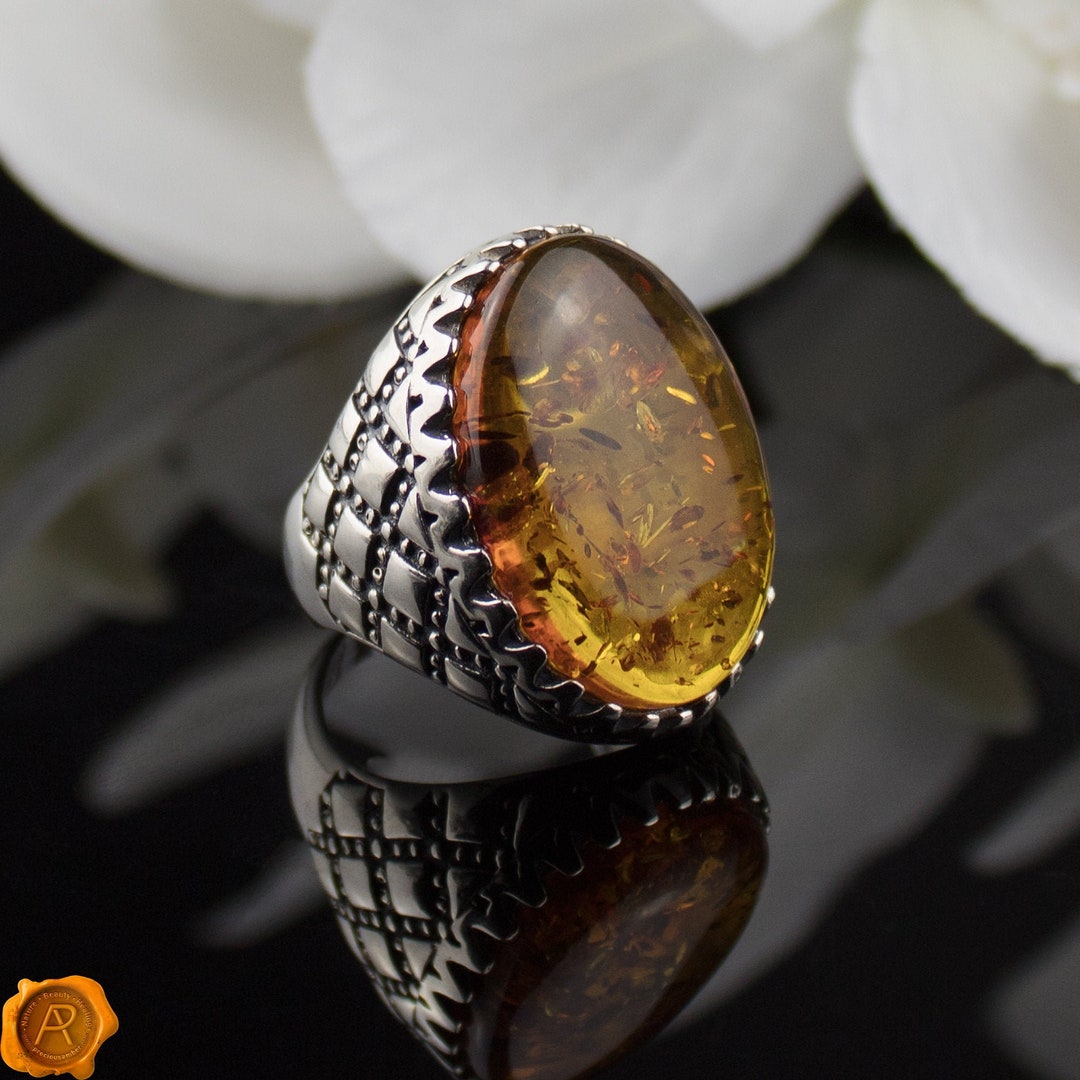Large Cognac Baltic Amber Silver Ring | Chunky Sterling Silver Ring for ...