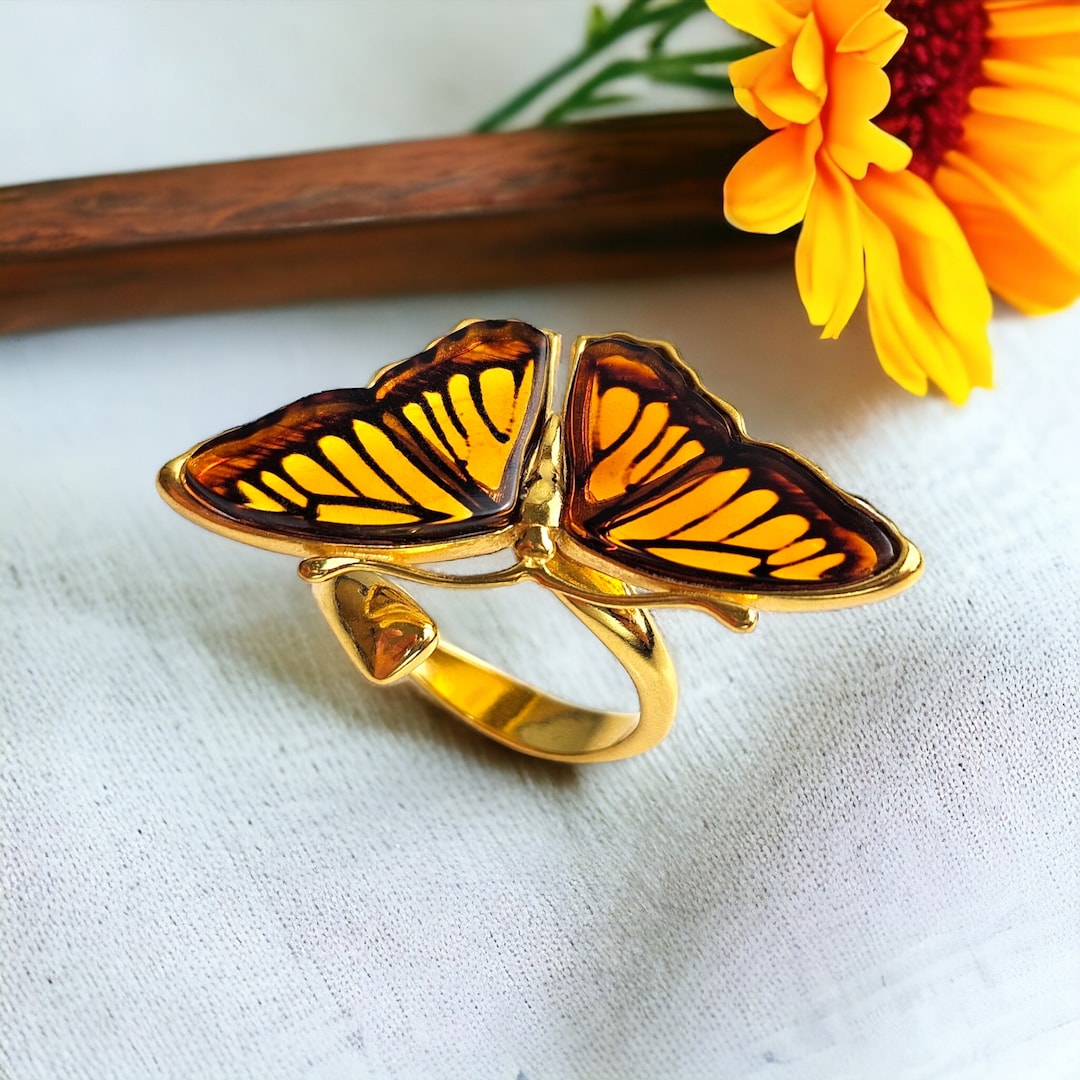 CARVED Monarch Butterfly Baltic Amber Ring Gold Silver Women, Large ...