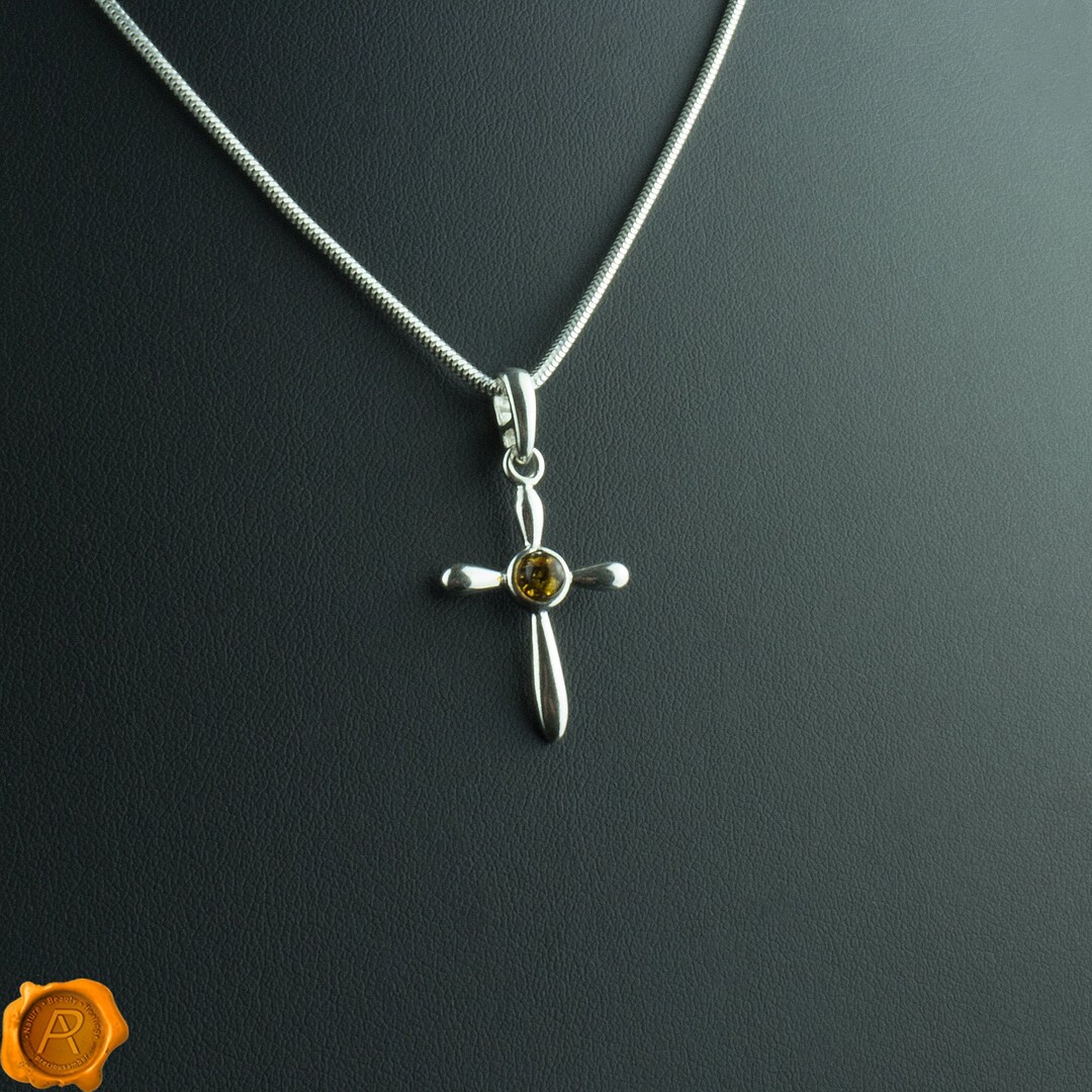Small Green Baltic Amber Silver Cross Crucifix Pendant Necklace | Green ...