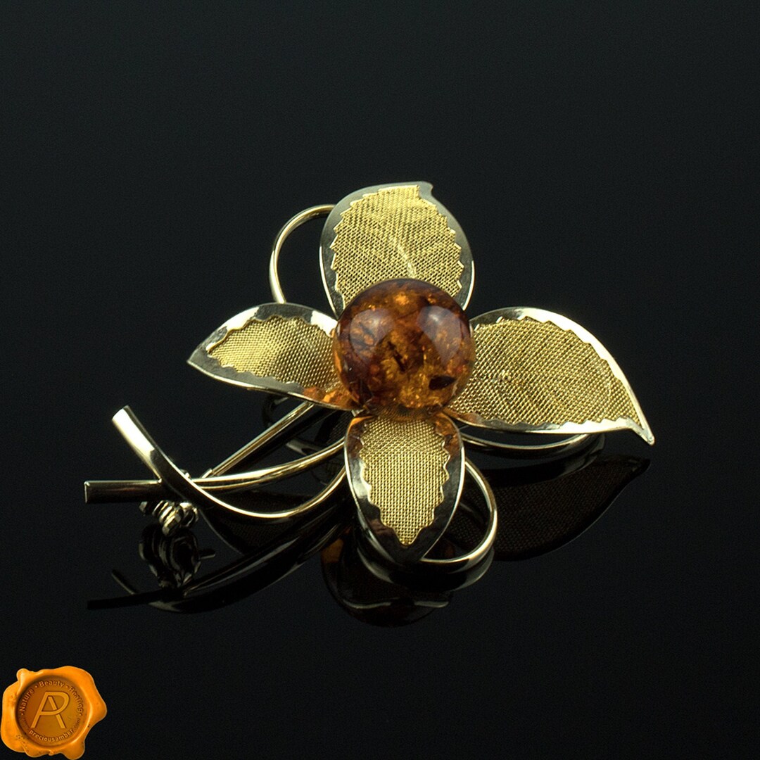 Amber Gold Brooch / Cognac Baltic Amber Flower Brooch / Floral Amber ...