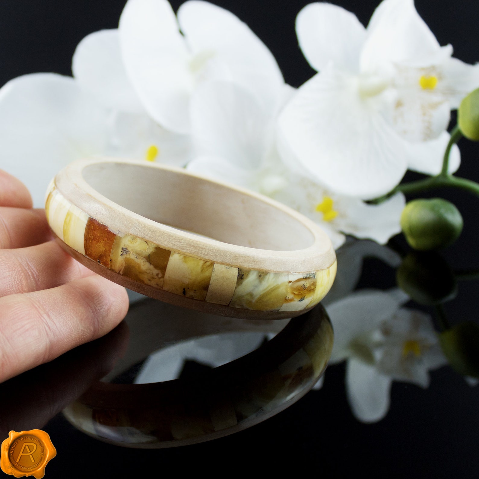 Amber Wood Bangle / Large White Marble Baltic Amber Bangle Bracelet ...