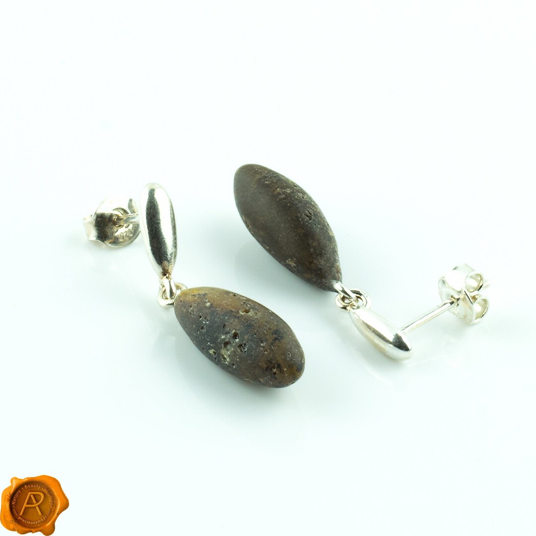 Natural Black Amber Raw Earthy Long Teardrop Drop Stud Earrings Women ...