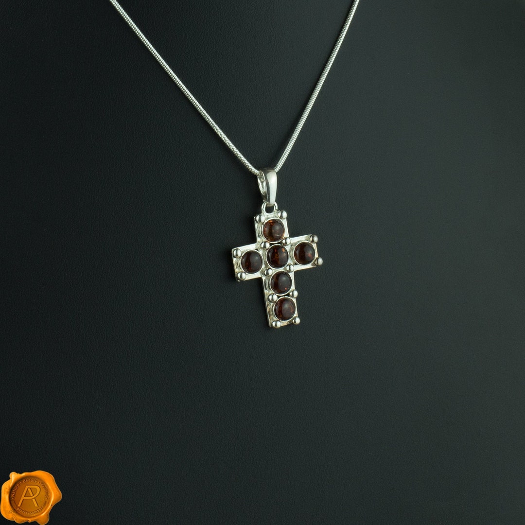 UNISEX Amber Silver Cross Pendant Baltic Amber Cross Pendant Teardrop ...