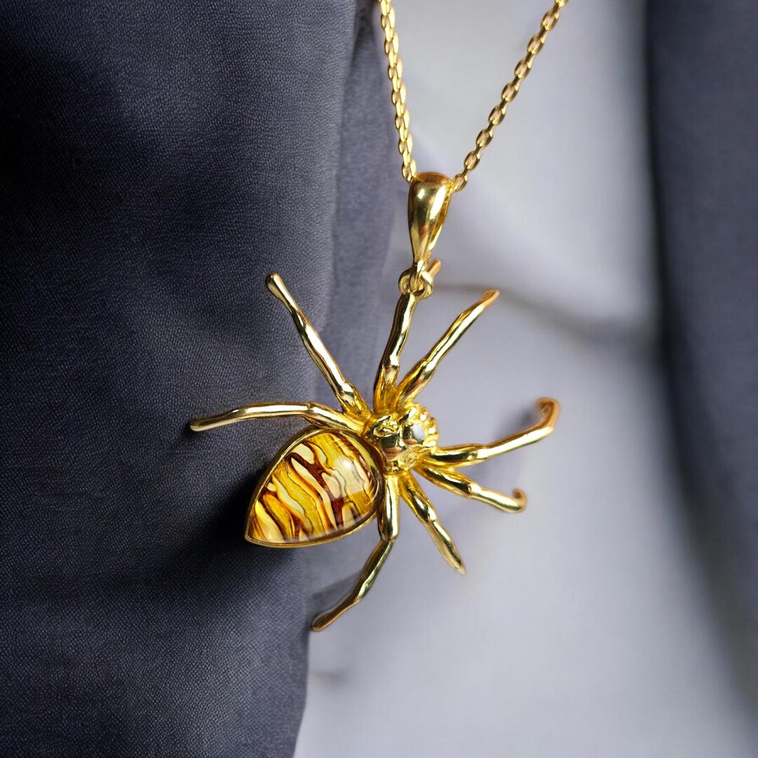 UNISEX Large Gold Silver Spider Baltic Amber Gemstone Pendant Necklace ...