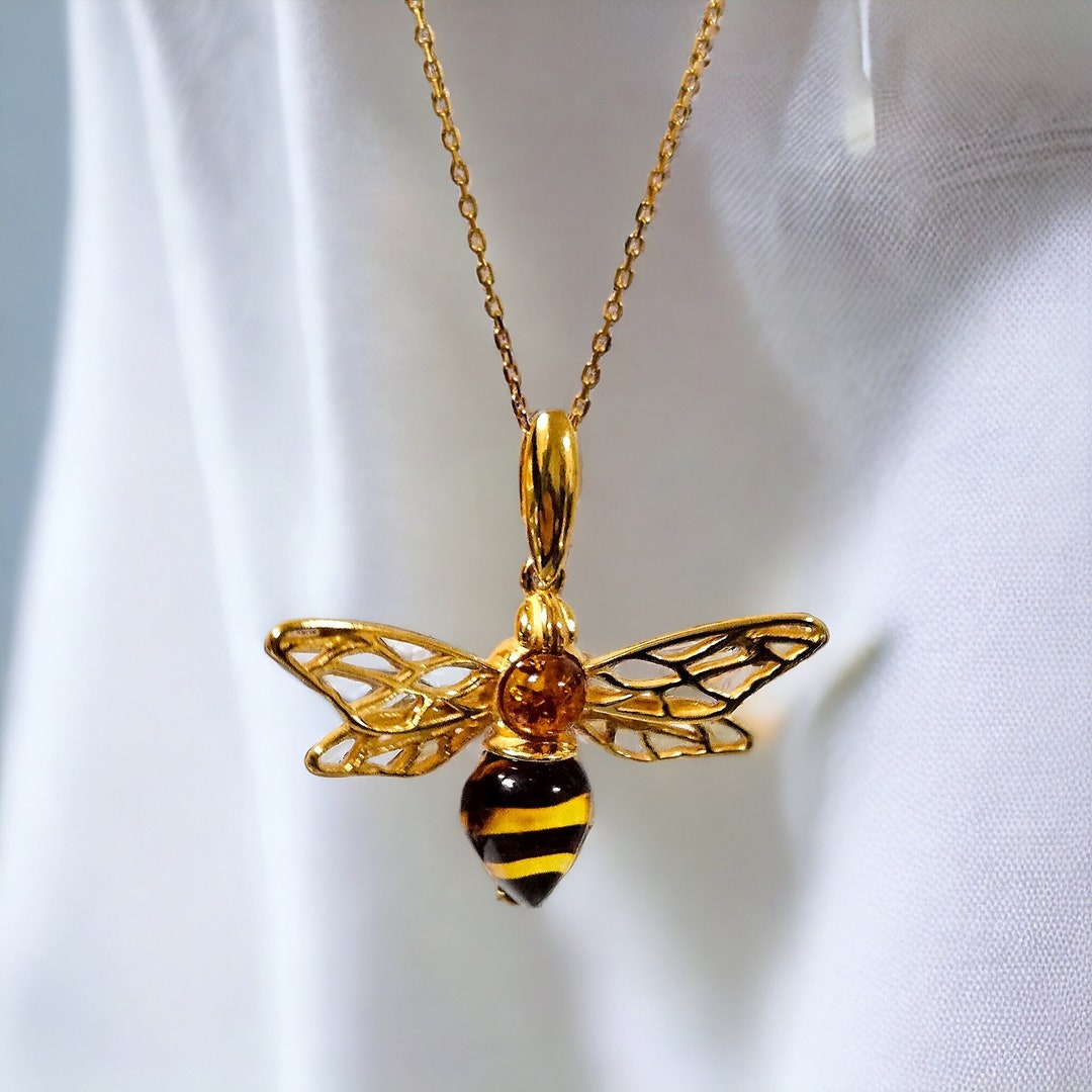 CARVED Baltic Amber Gold Bee Pendant Jewelry Gift Teardrop Necklace ...