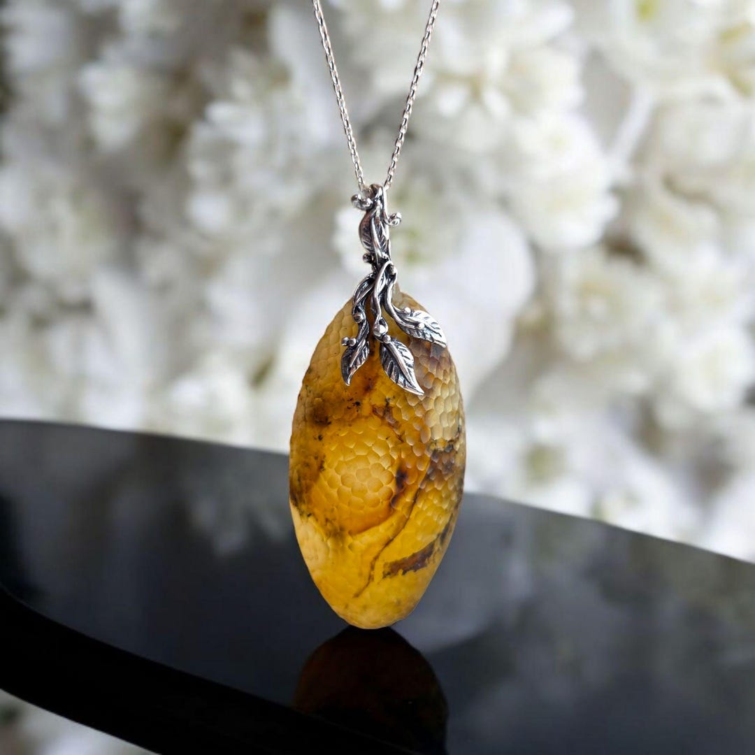 Luxury Large Carved Baltic Amber Teardrop Pendant Gift Women, Inclusion ...