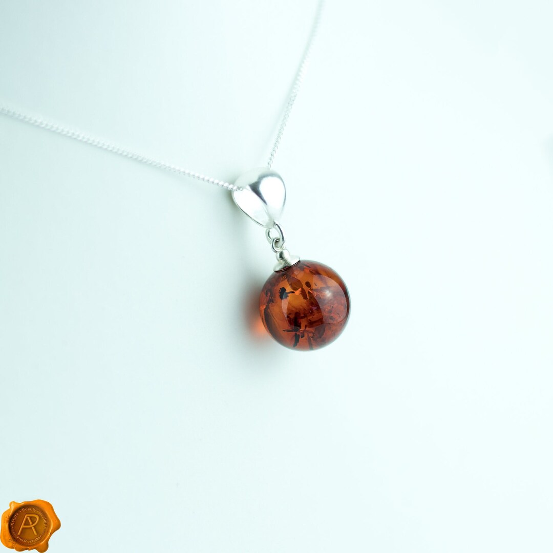 Small Honey Baltic Amber Sterling Silver Sphere Pendant Teardrop Round ...