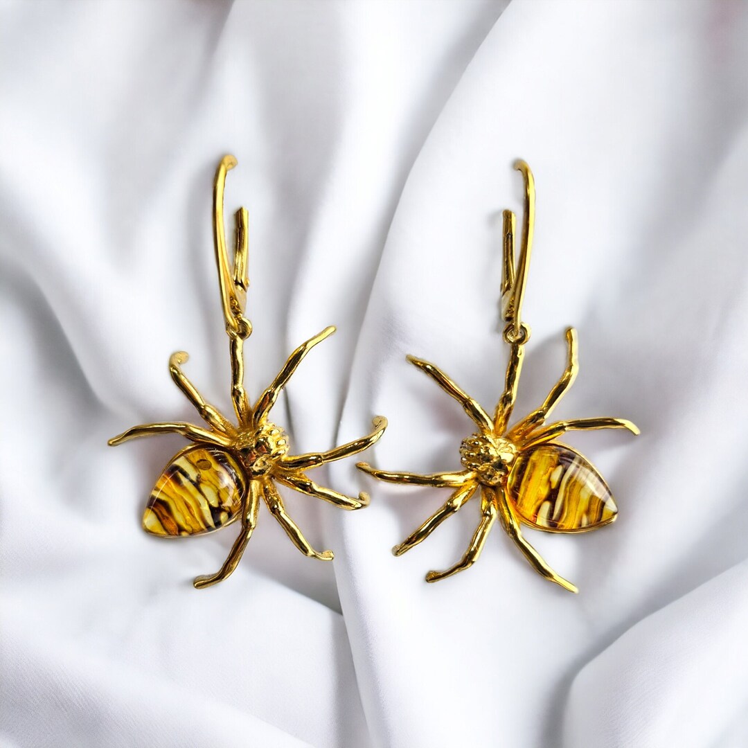 CARVED Gemstone Baltic Amber Gold Silver Spider Earrings, Teardrop ...