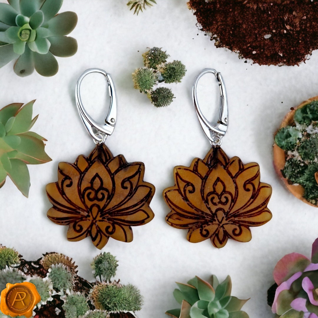 Lotus Flower Gemstone Baltic Amber Teardrop Earrings | Natural Amber ...