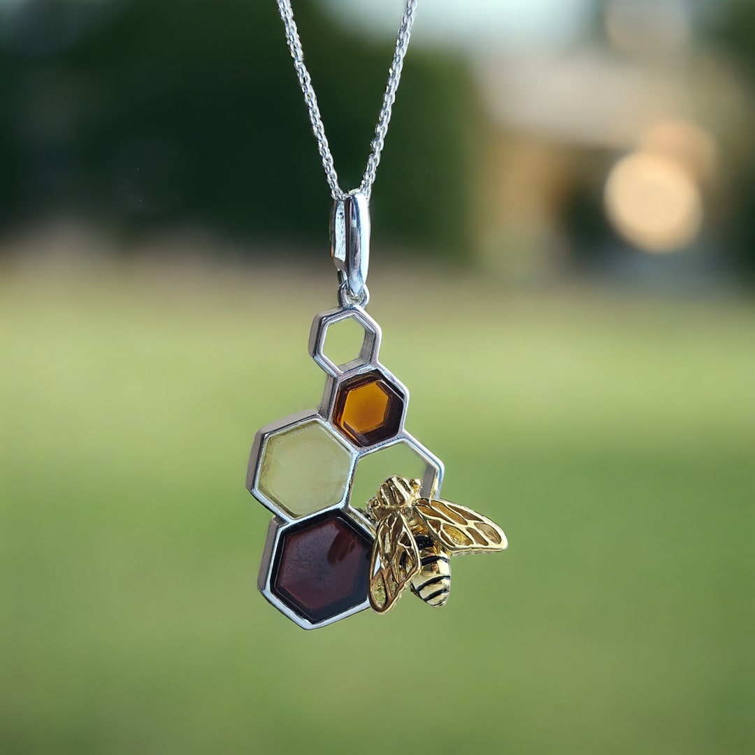 Baltic Amber Bee Silver Honeycomb Gold Pendant Jewelry Gift Large ...