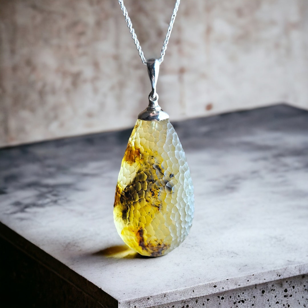 METEORITE Large Baltic Amber Pendant Gemstone Silver Teardrop Gift, Inclusion Chunky Amber Drop ...