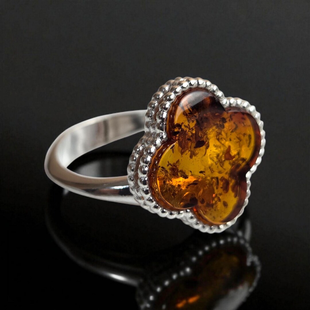 ADJUSTABLE Four Leaf Clover Celtic Large Honey Baltic Amber Gemstone ...