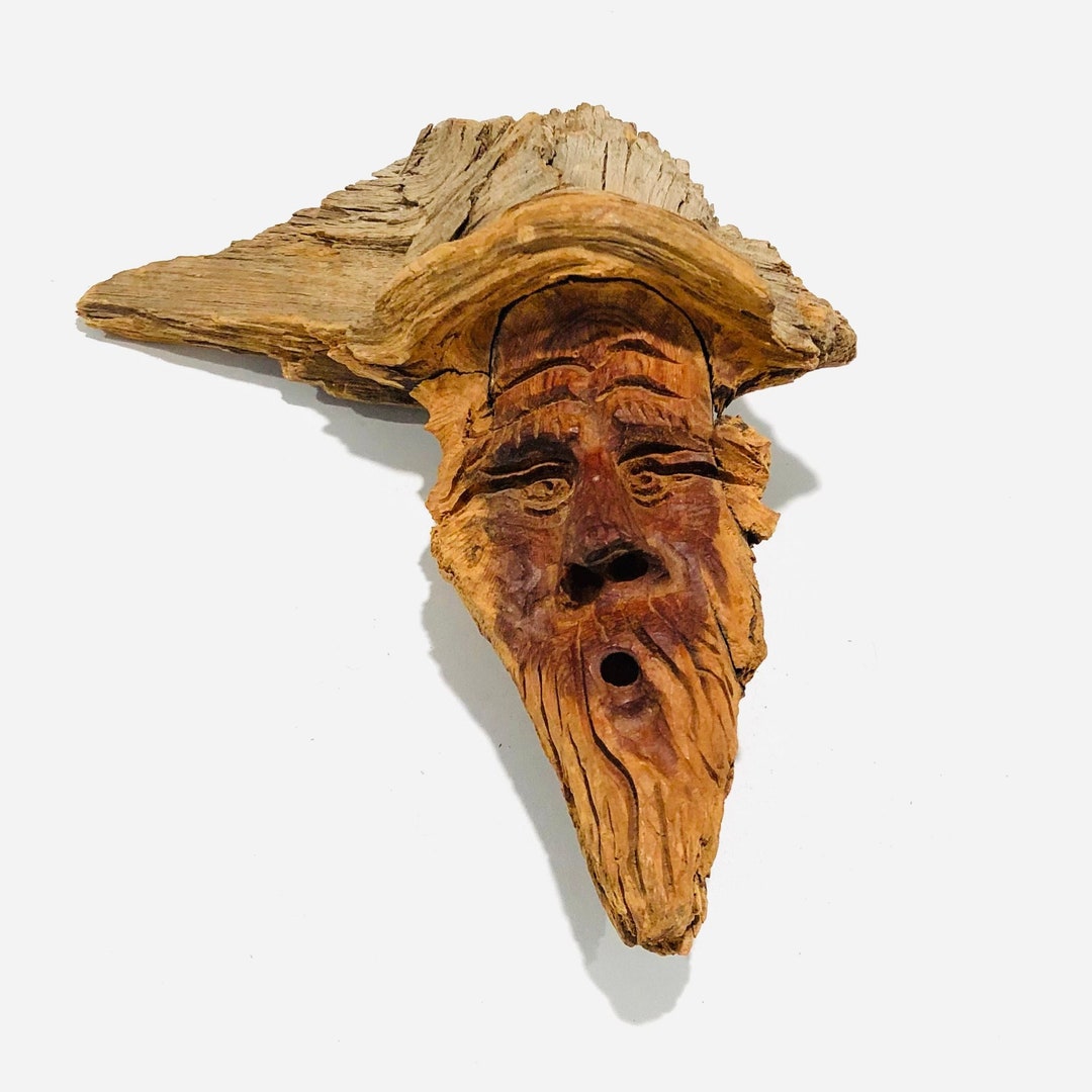 Folk Art Old Man Natural Wood Carving, Bearded Man Folk Art Sculpture ...