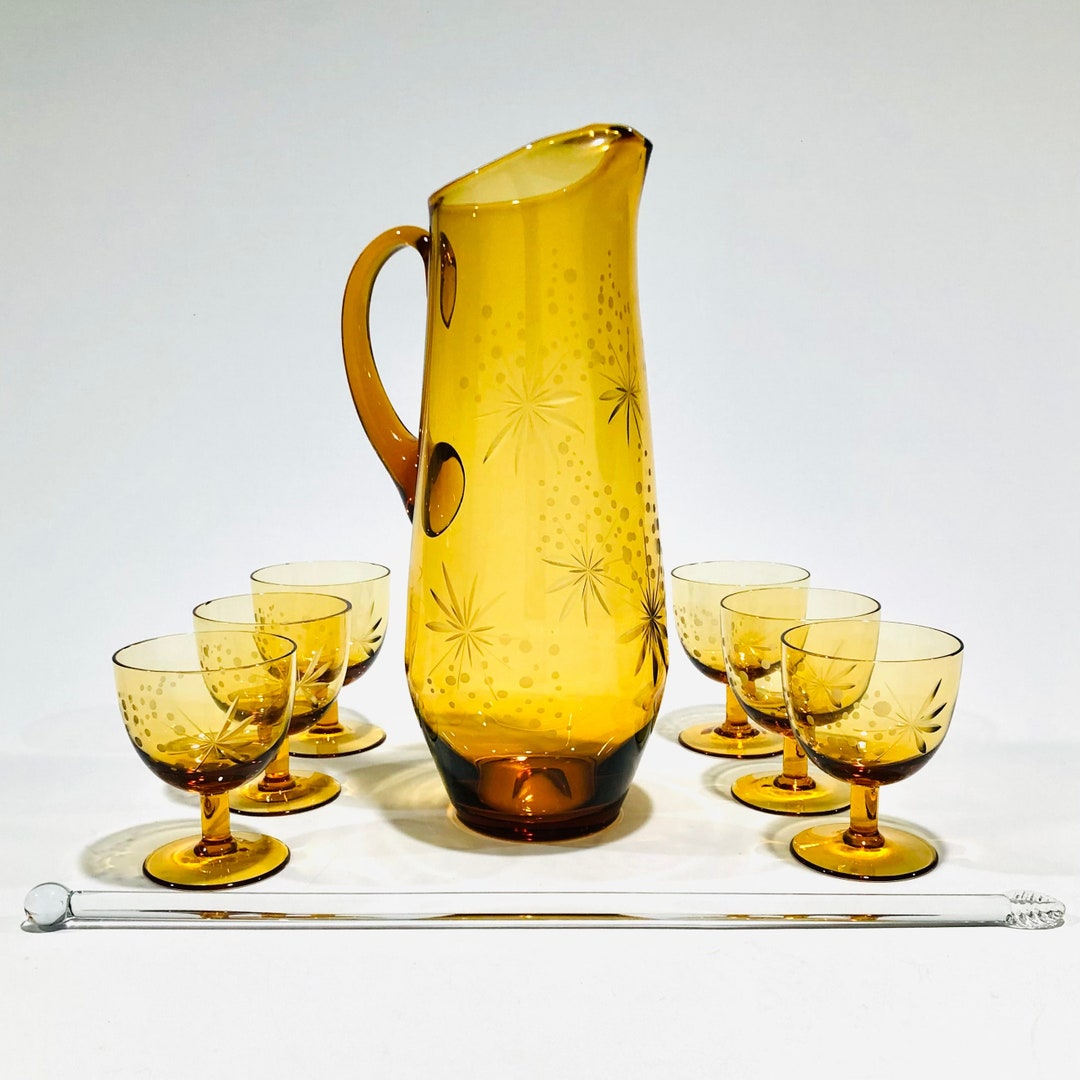 Amber Atomic Star & Dot Cut Glass Cocktail Pitcher Set, Vintage Mid ...