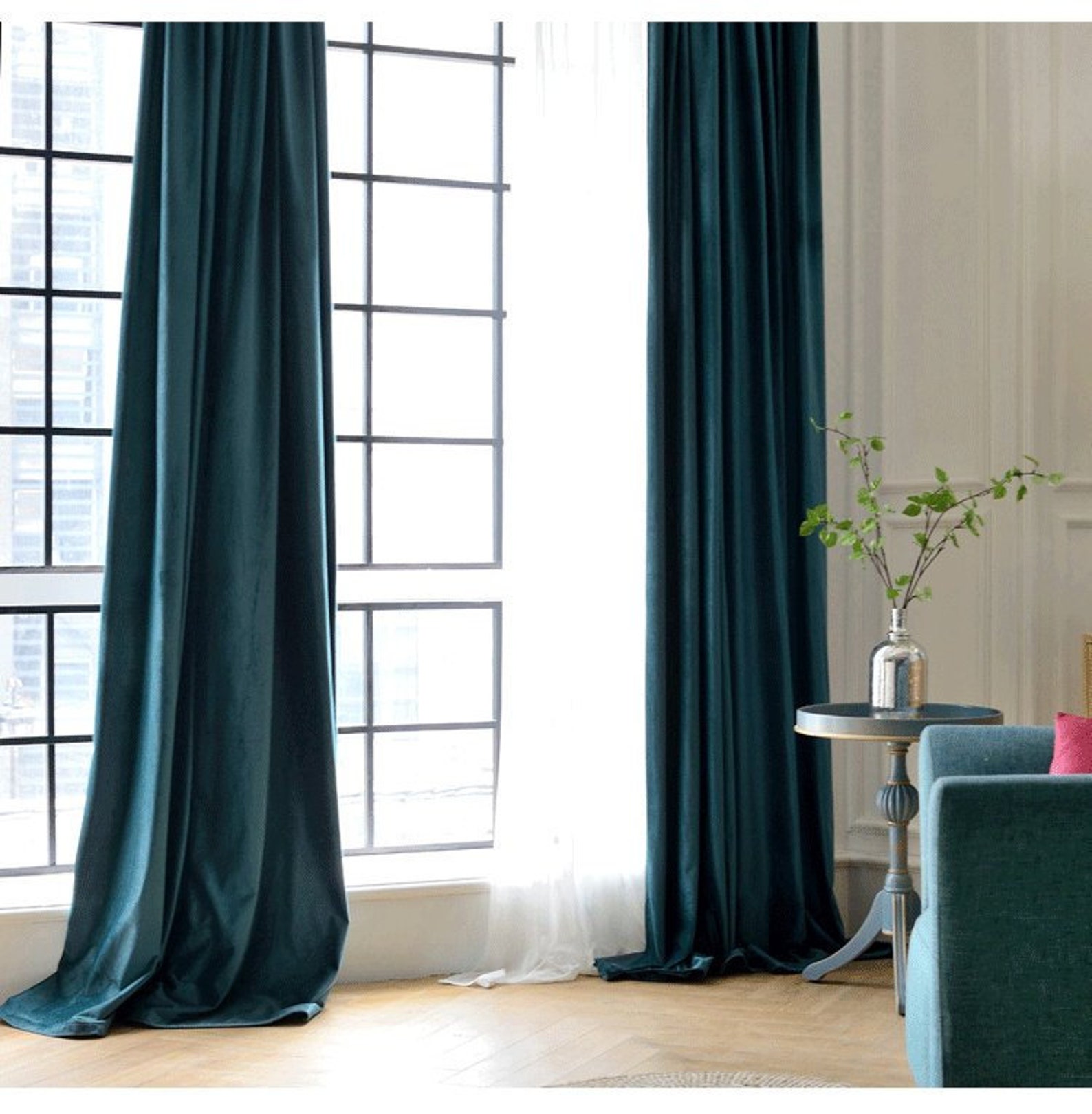 Pair of Peacock Blue Velvet Curtains, Bedroom Velvet Curtains, Living ...