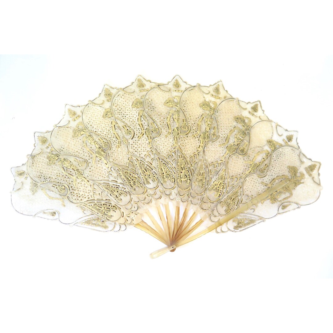 Antique 1900s Indonesian Pierced Gold Decorated Rawhide Bone Folding ...