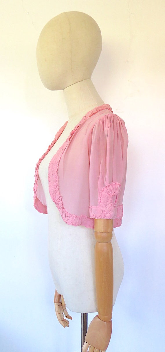 Vintage 1930s 1940s Pink Crepe With Gathered Ruffled … - Gem