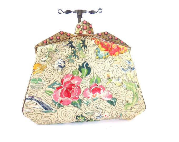 Antique 1920s 1930s Chinese Cream Pink Floral Silk Embroidery Coin ...