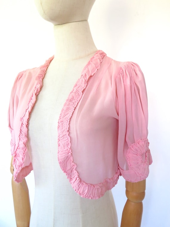 Vintage 1930s 1940s Pink Crepe With Gathered Ruffled … - Gem