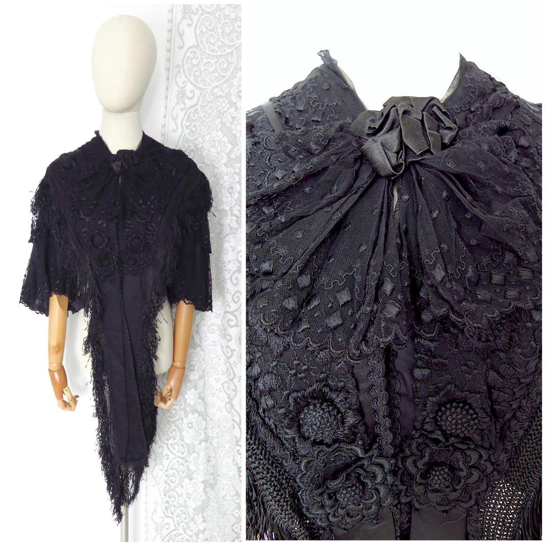 Antique Victorian 1850s 1800s G H Lee & Co Liverpool Black Satin Dotted ...
