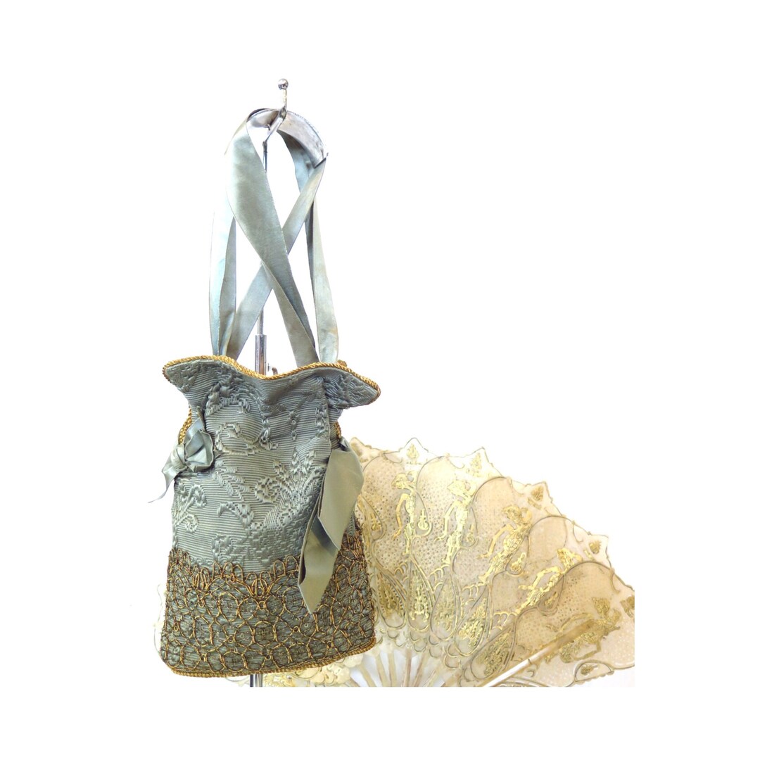 Antique Victorian Edwardian 1900s Green Damask Gold Patterned ...