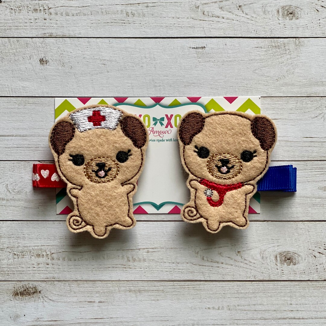 Pug Nurse Hair Clip, Doctor Pug Clip, Pug Bow, Pug Gift, Fawn Pug Bow ...