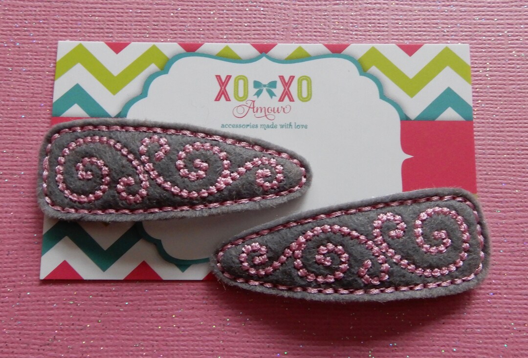 Gray & Pink Wool Snap Clips: Embroidered Felt Hair Bows - Etsy