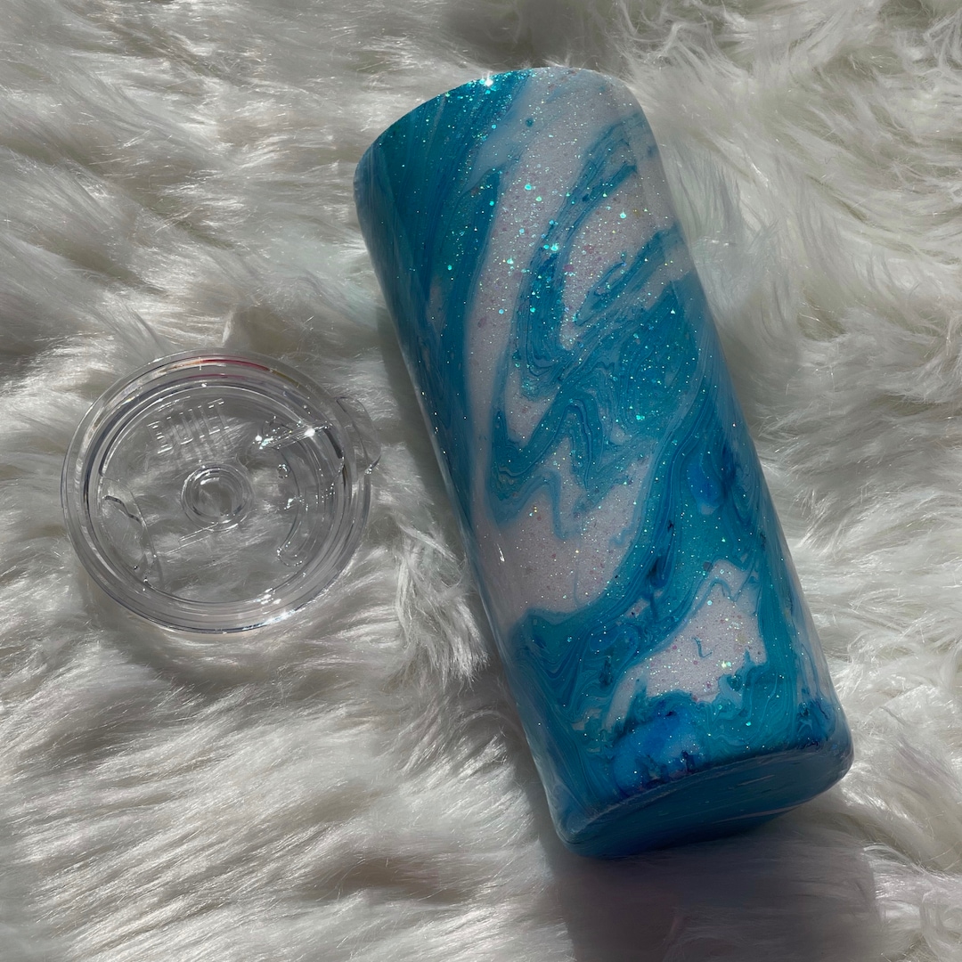 Aqua Blue and White Hydro Dip Tumbler, Hydro Dip Cup, Epoxy Glitter ...
